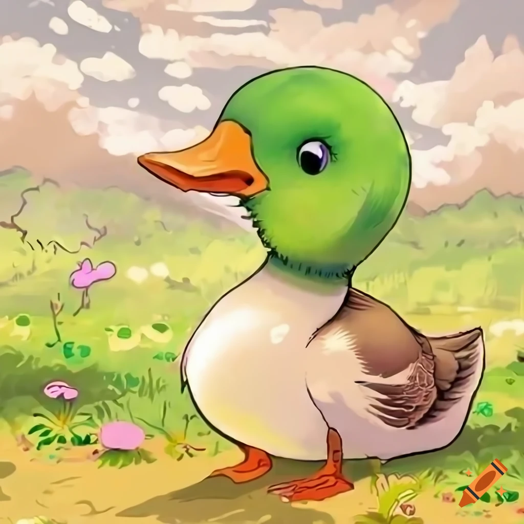 Adorable duck in scenic countryside in a classic anime style with fine ...