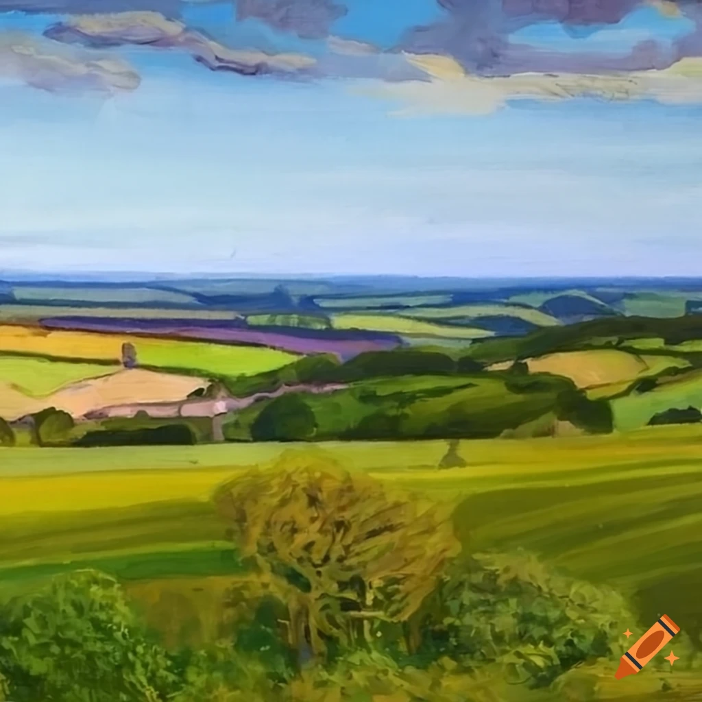 Iconic Yorkshire Wolds with colorful houses and rolling hills painting ...