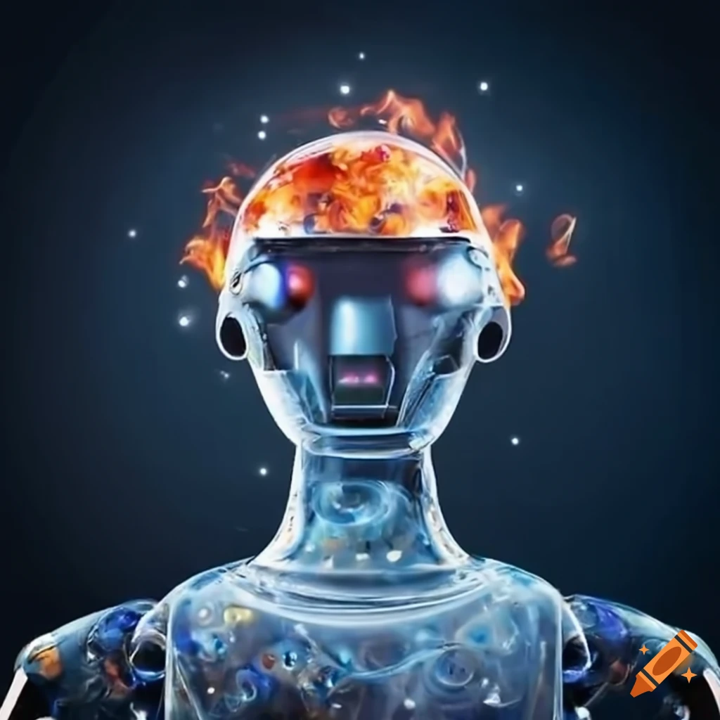 Space robot with fiery head in glass bubble and wheeled feet on Craiyon