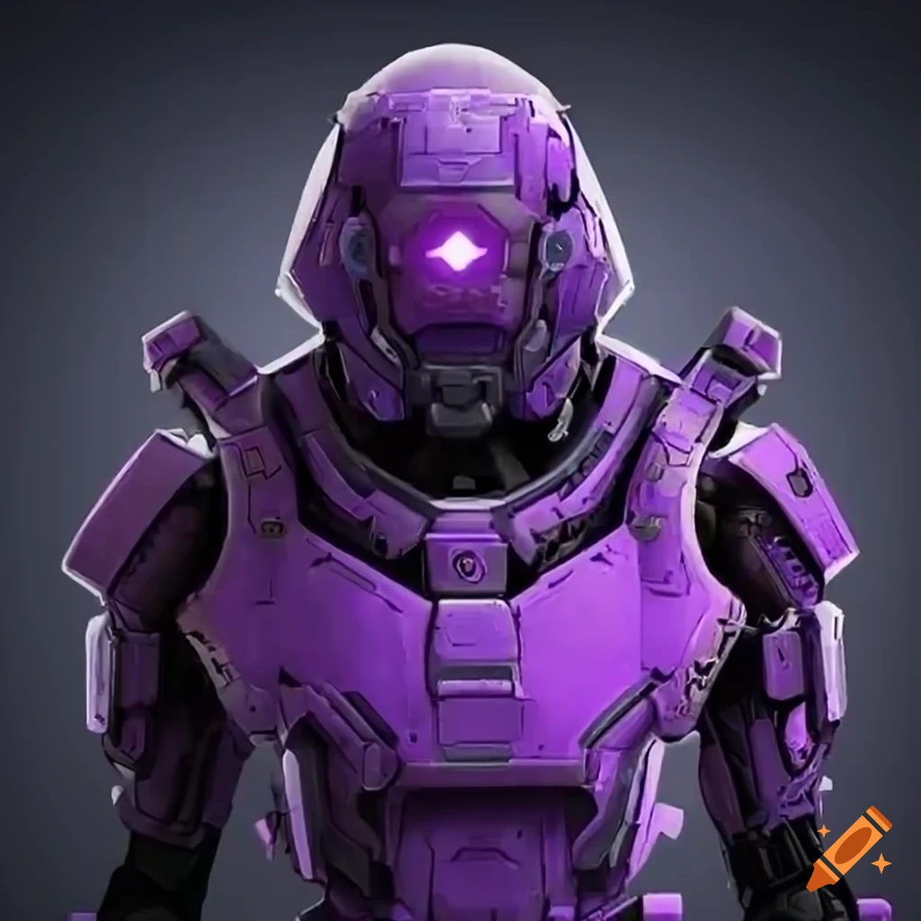 Future soldier in purple high tech armor using a computer in a space ...