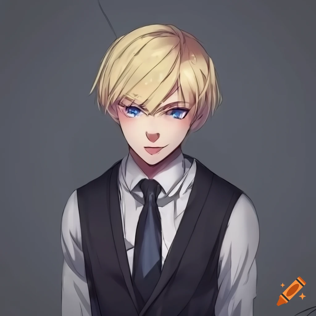Androgynous Anime Character With Piercing Blue Eyes And Dark Suit On Craiyon