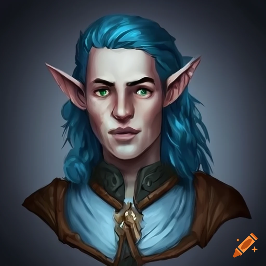 Joyful male half-elf cleric with shield, silver eyes, blue hair, and ...