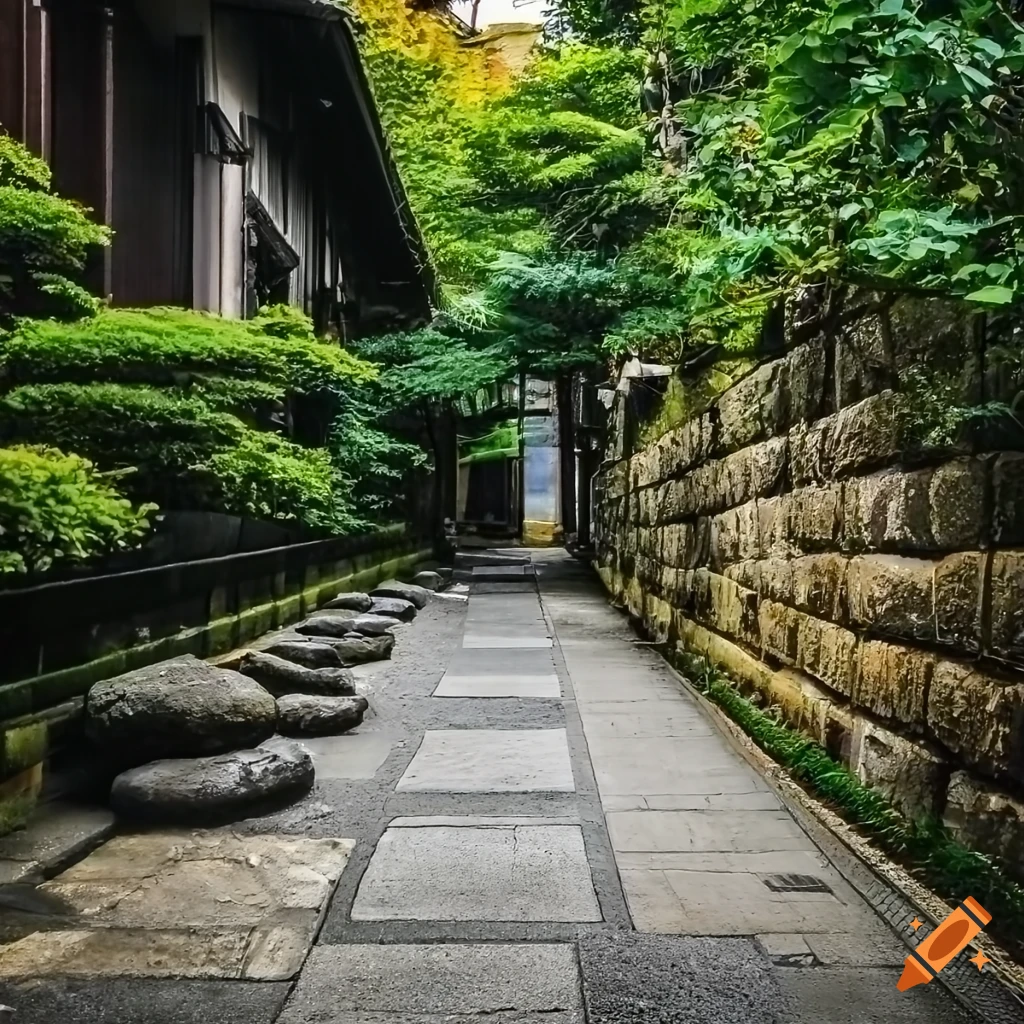 Japanese alley with zen rocks and light reflections, street photography ...