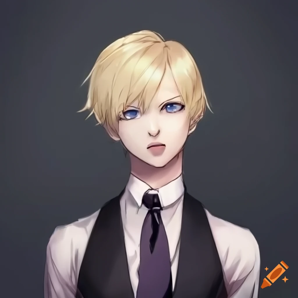 Androgynous Anime Character With Blue Eyes In A Dark Suit And Tie On Craiyon