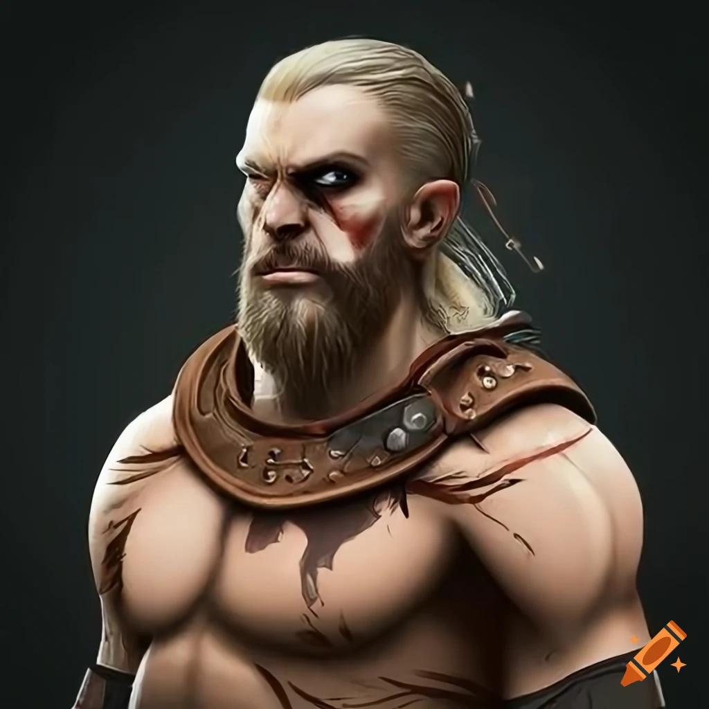 Strong warrior with grey eyes and sword in hand wearing metal and ...