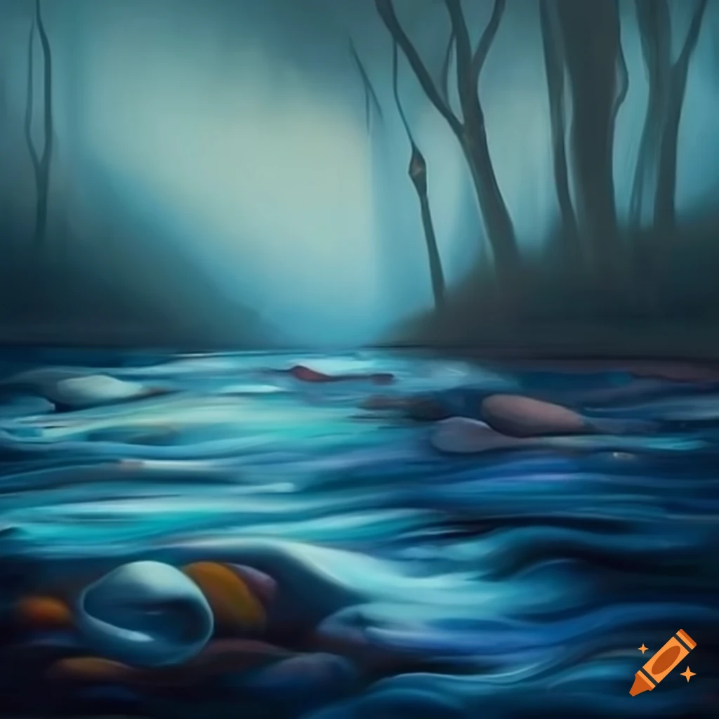 Dreamy abstract painting of objects flowing down an imaginary river on ...