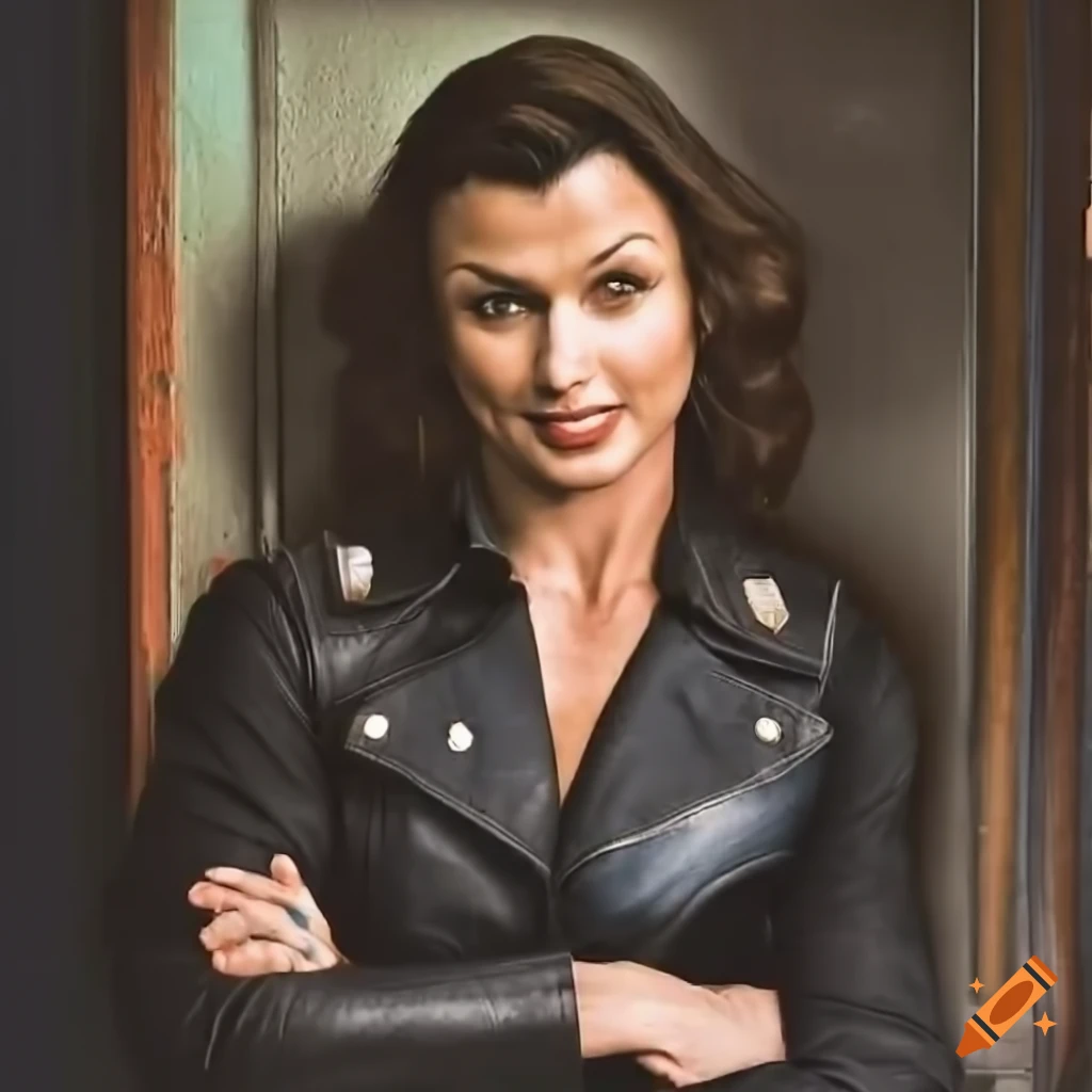 Young woman in outlaw biker style attire standing in a doorway on Craiyon