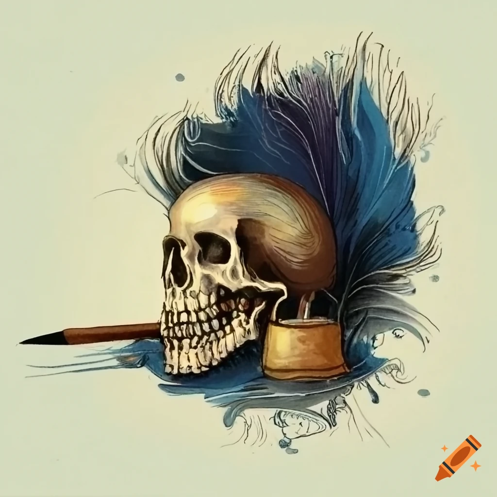 Skull ink pot and writing quill in exlibris style on Craiyon