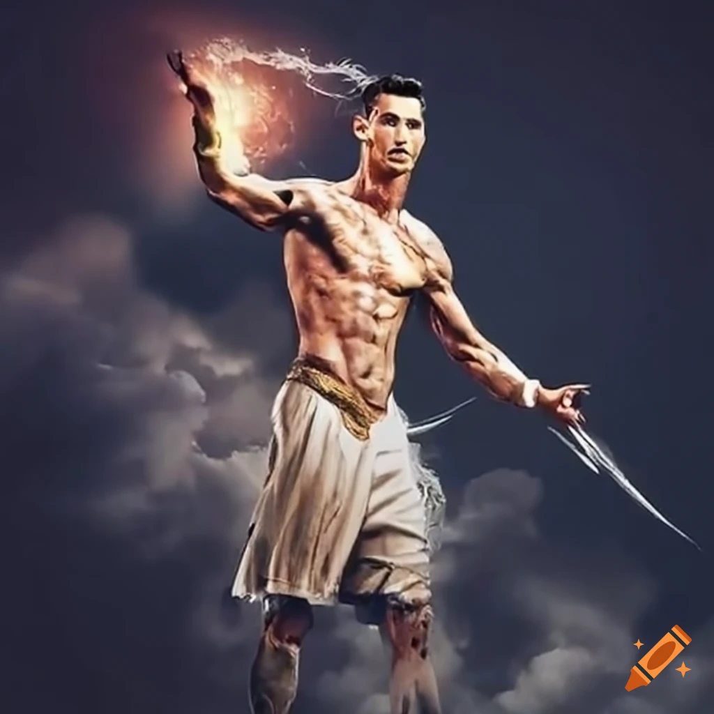Cristiano Ronaldo as Greek god Zeus with a thunderbolt on Craiyon