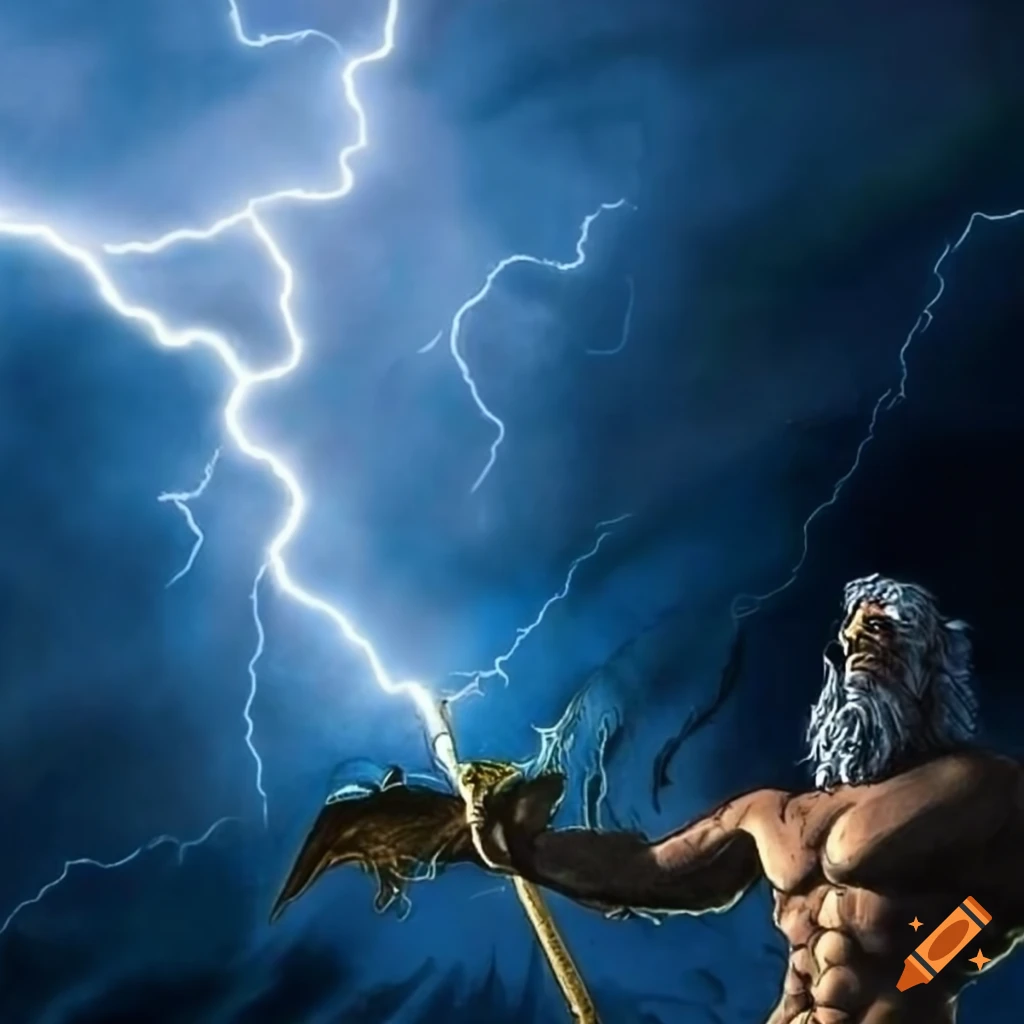 Zeus surrounded by thunder and lightning with a bird formed by the ...