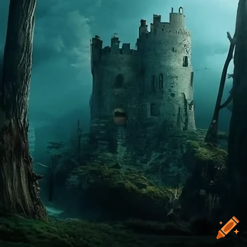 Un castillo encantado con una torre alta y abandonada on Craiyon