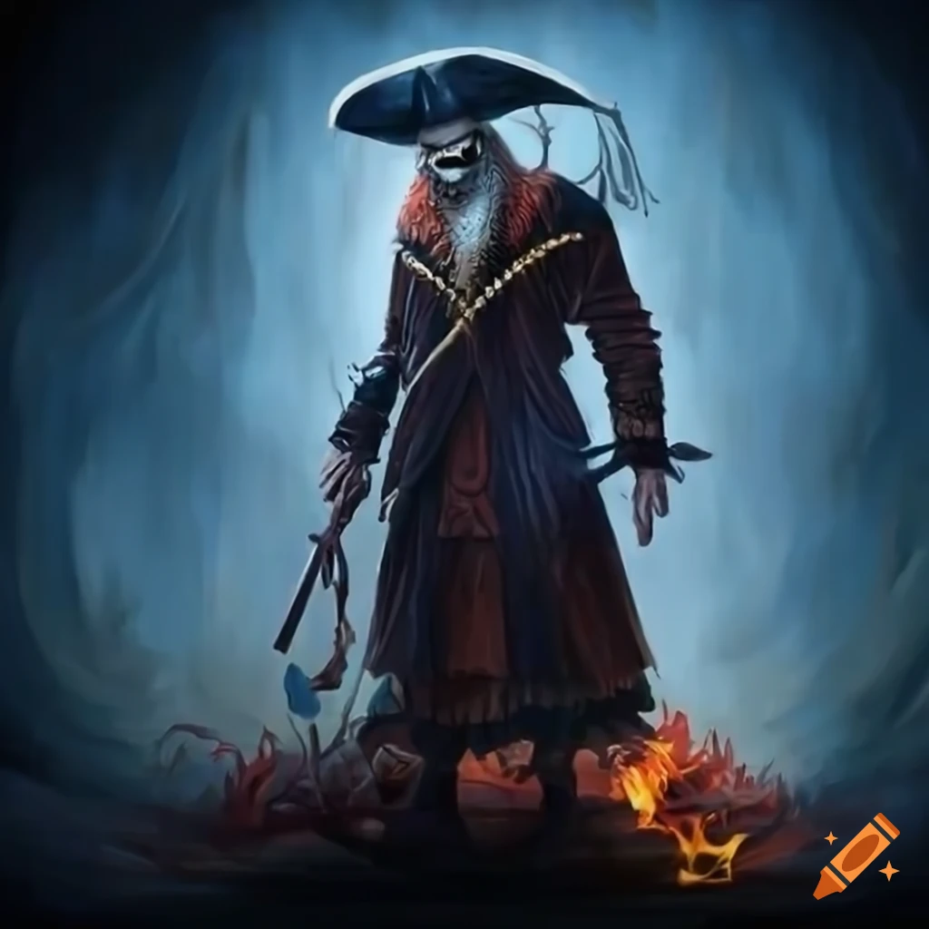 Epic pirate with white beard and flaming prosthetic arm wielding a ...
