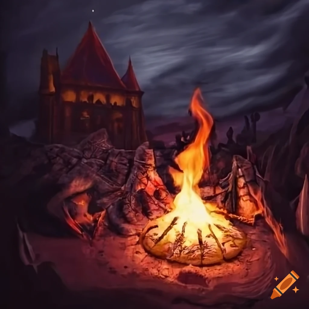Knights gathered around a campfire under the night sky in a historic ...