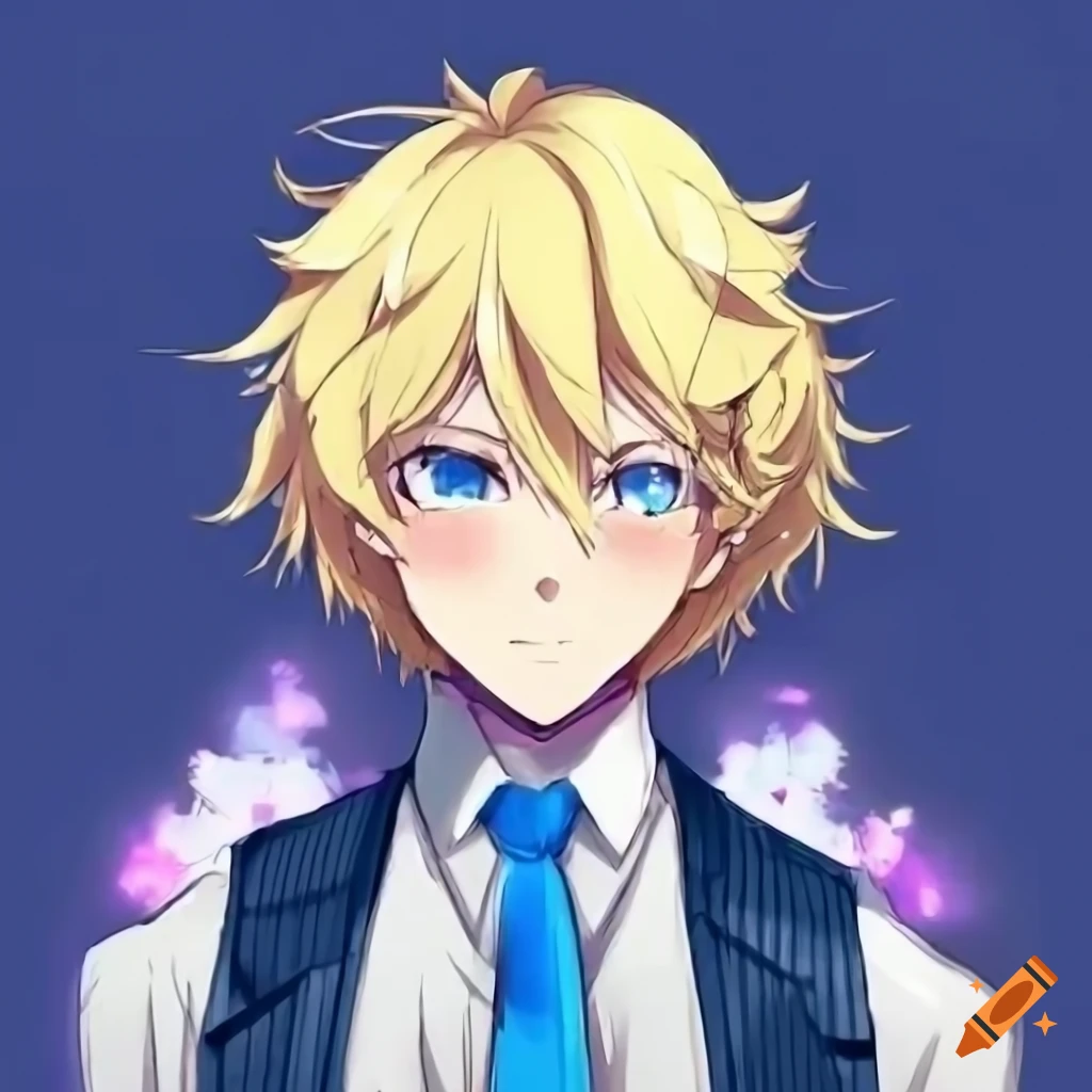 Androgynous Anime Character With Piercing Blue Eyes And A Steely Expression In Formal Business