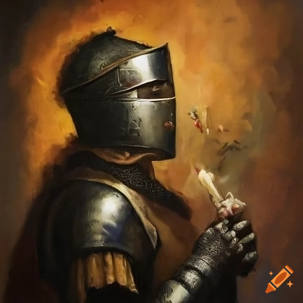 Medieval knight smoking a cigarette in an oil painting on Craiyon