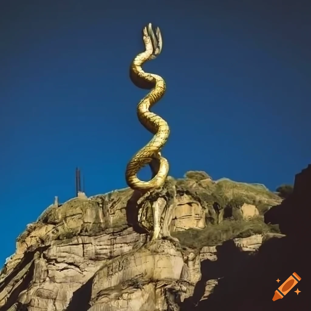 Futuristic depiction of moses with the brass serpent on a cliffside on ...
