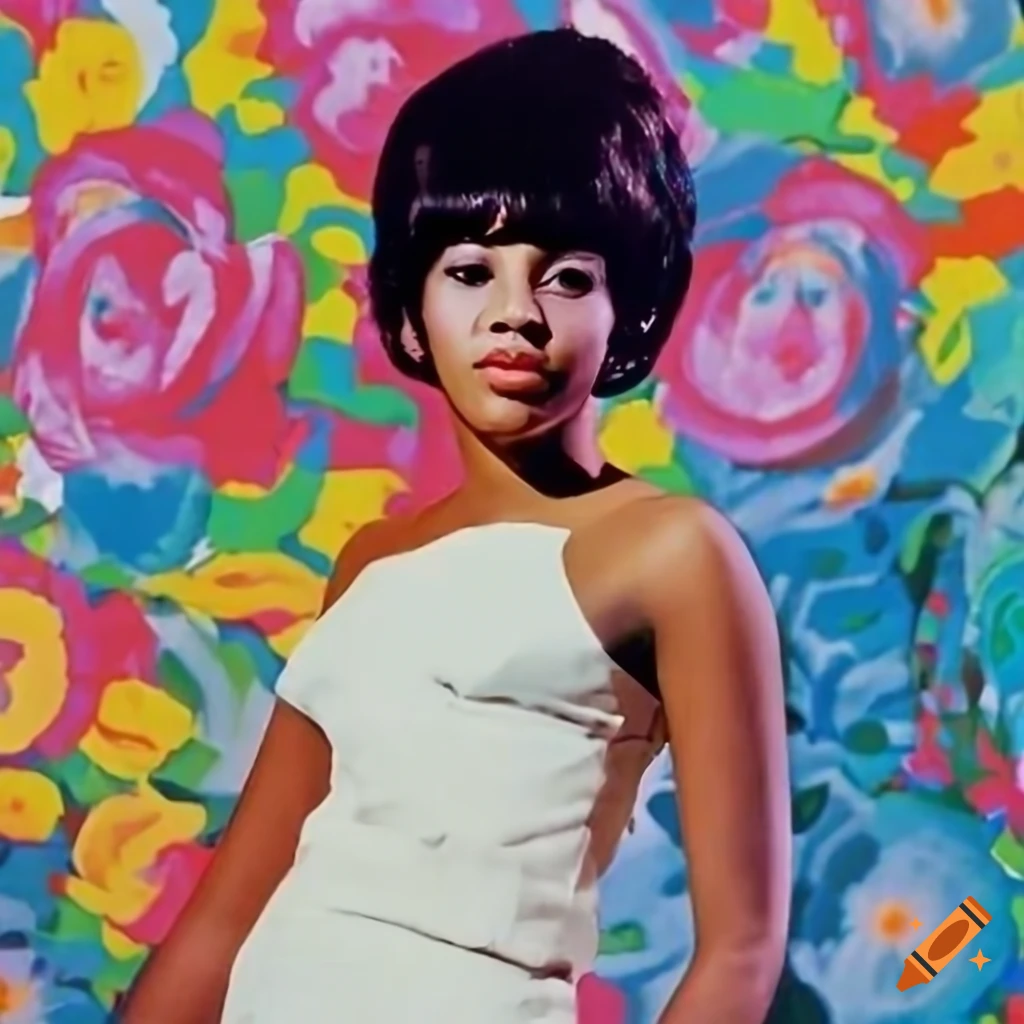 Estelle Bennett of the Ronettes in 60s fashion with pop art floral ...