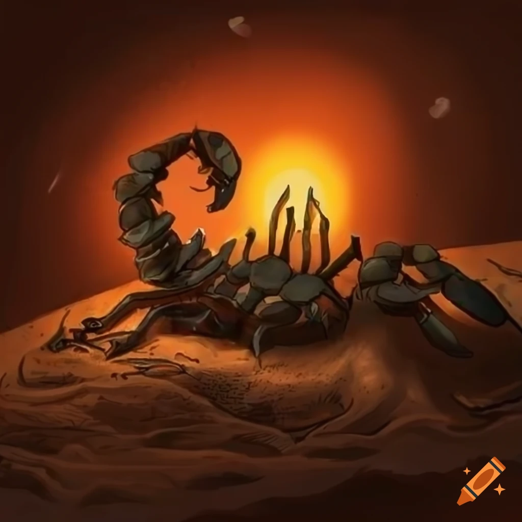 Scorpion burrowing into sand in a fantasy wasteland on Craiyon
