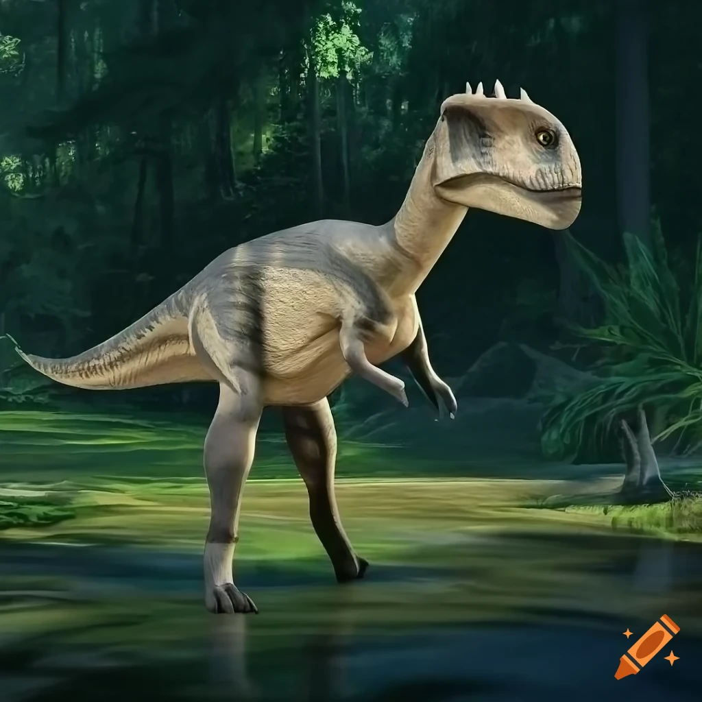 Hadrosaurus dinosaur in a shadowy forest creek with sunlight filtering ...