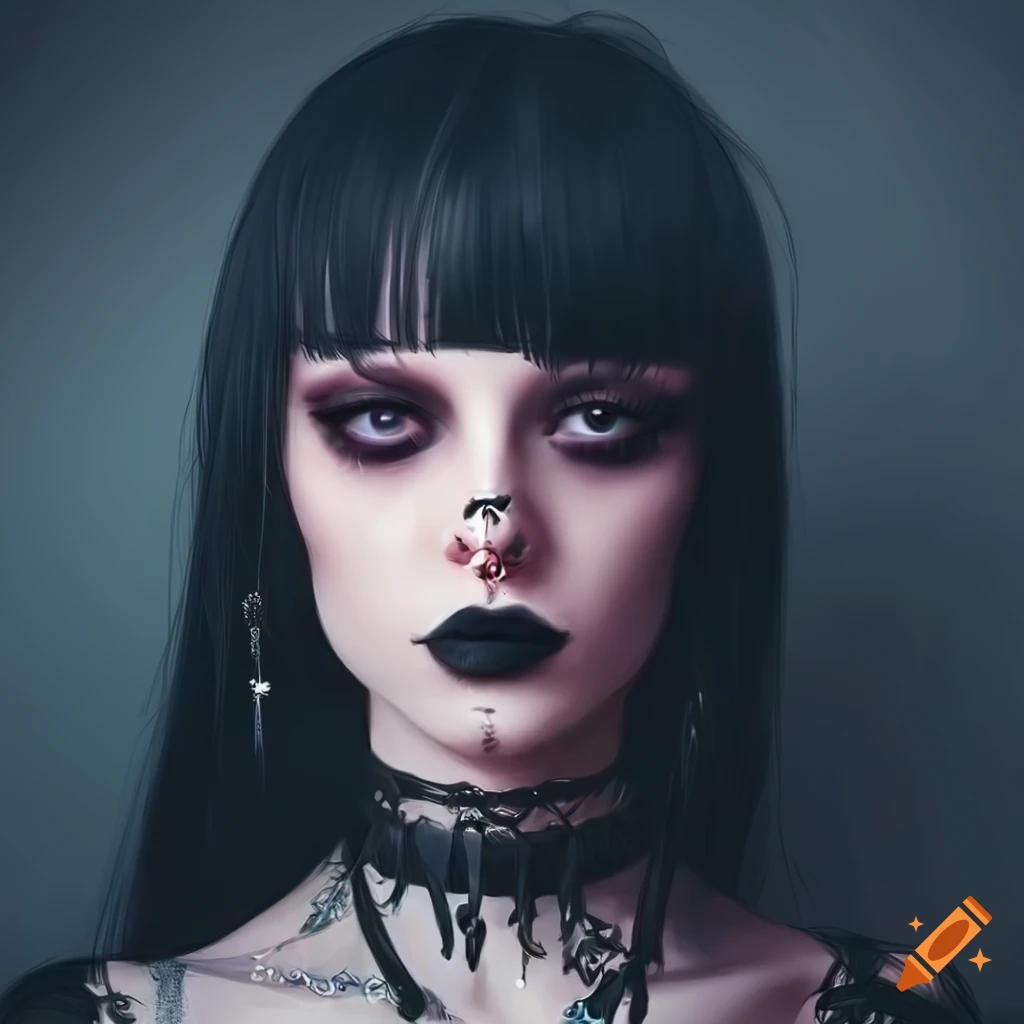 Cyberpunk goth woman with long black hair and hazel eyes on Craiyon