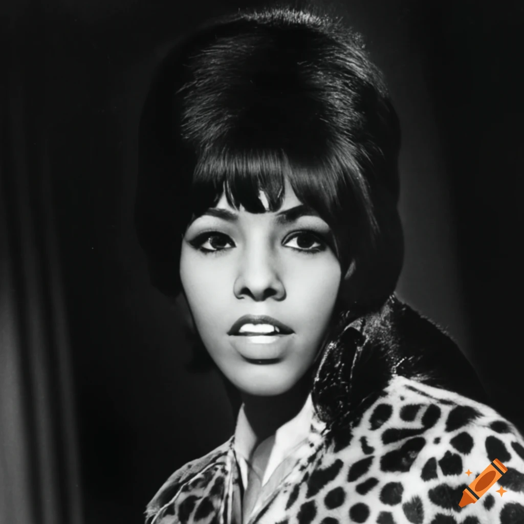 Estelle Bennett in a leopard coat with 70s chic cat eye makeup on Craiyon