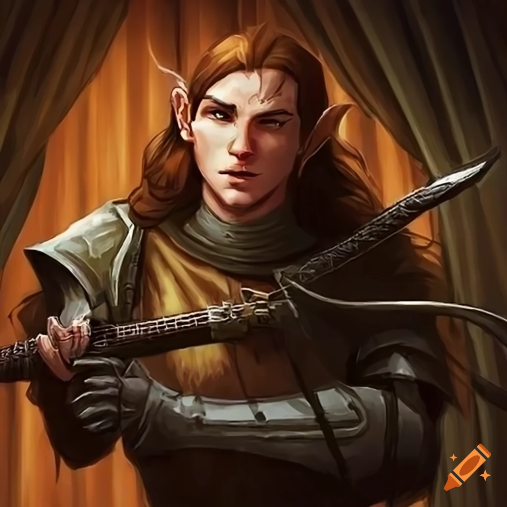 Half elf ranger knight with mythical guitar bearing scars from war on ...