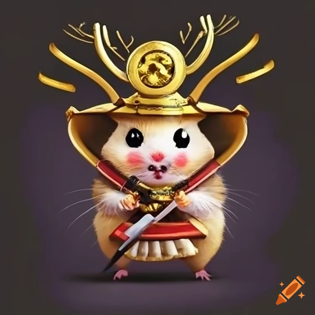 Miniature hamster in samurai style holding a small golden coin on Craiyon