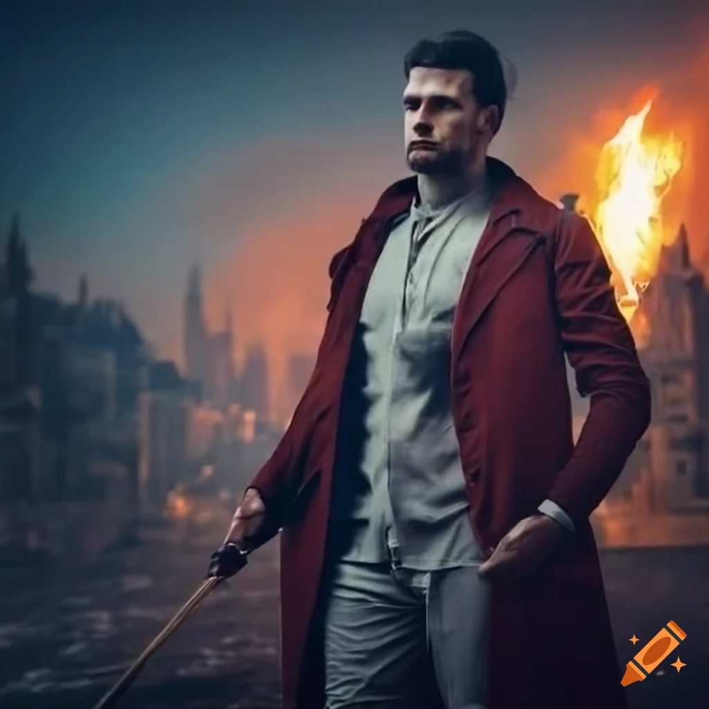 Man standing in front of a flaming city in historical setting on Craiyon