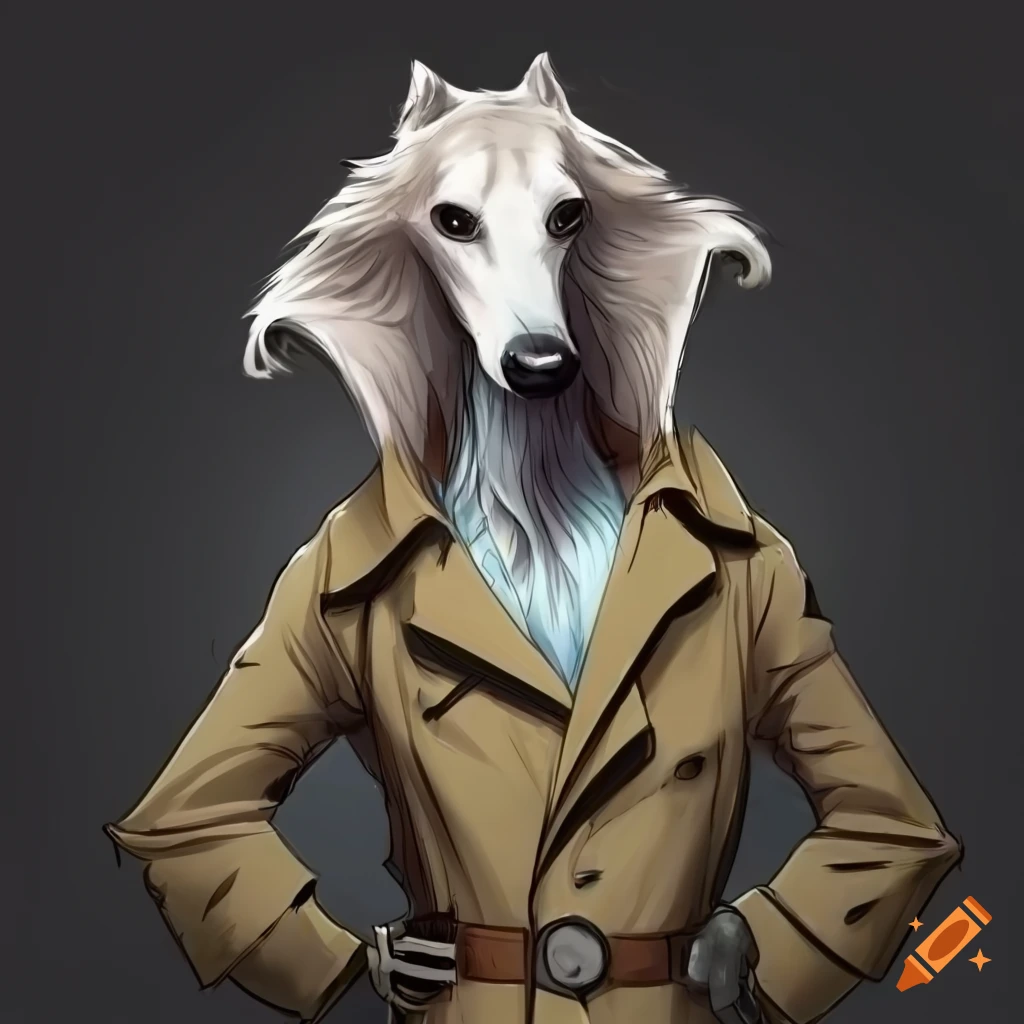 Borzoi dog anthro furry humanoid in a trenchcoat on Craiyon