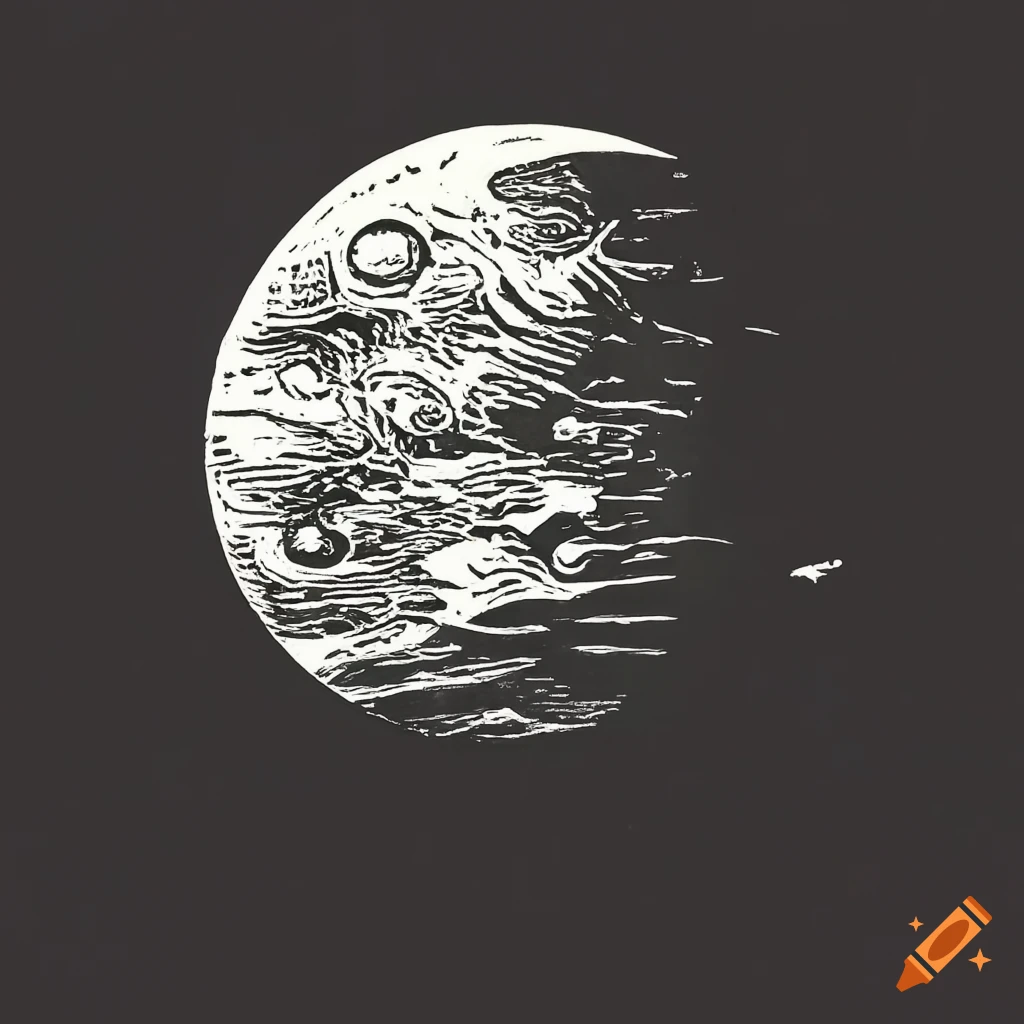 Monochrome linocut of a planet in deep space inspired by Zdzisław ...