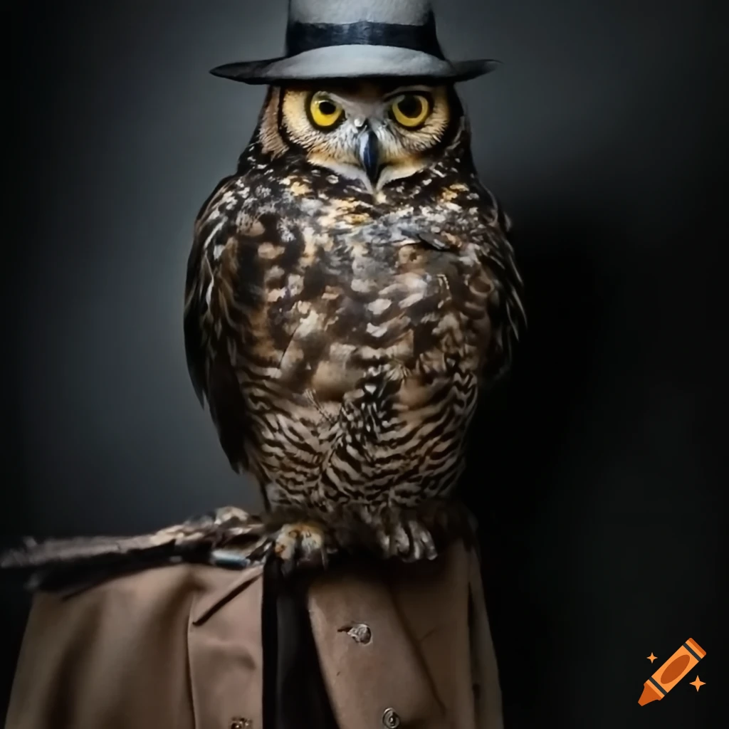 1940s style detective great horned owl in grey trench coat and fedora ...