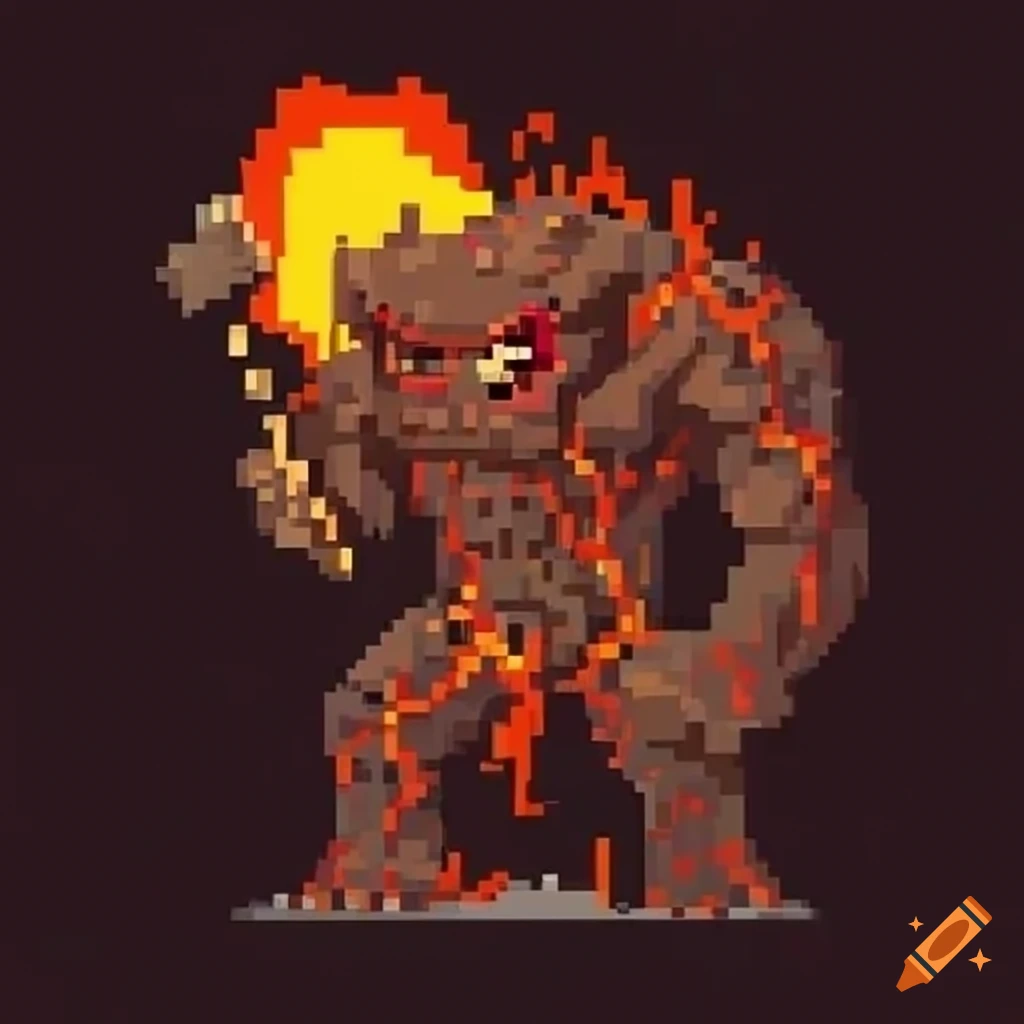 Doomsday monster covered in lava with a war hammer in pixel art style ...