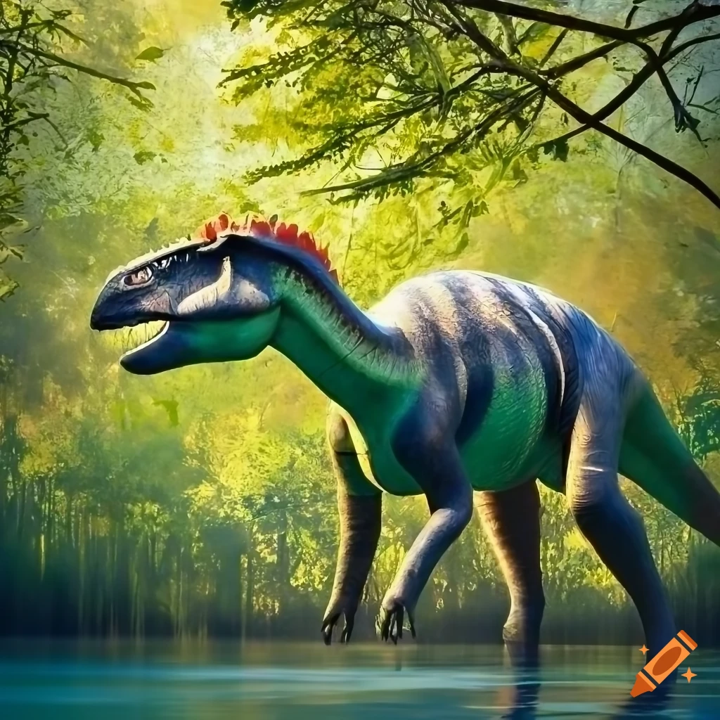 Hadrosaurus dinosaur with bongo antelope stripes in a shadowy forest ...