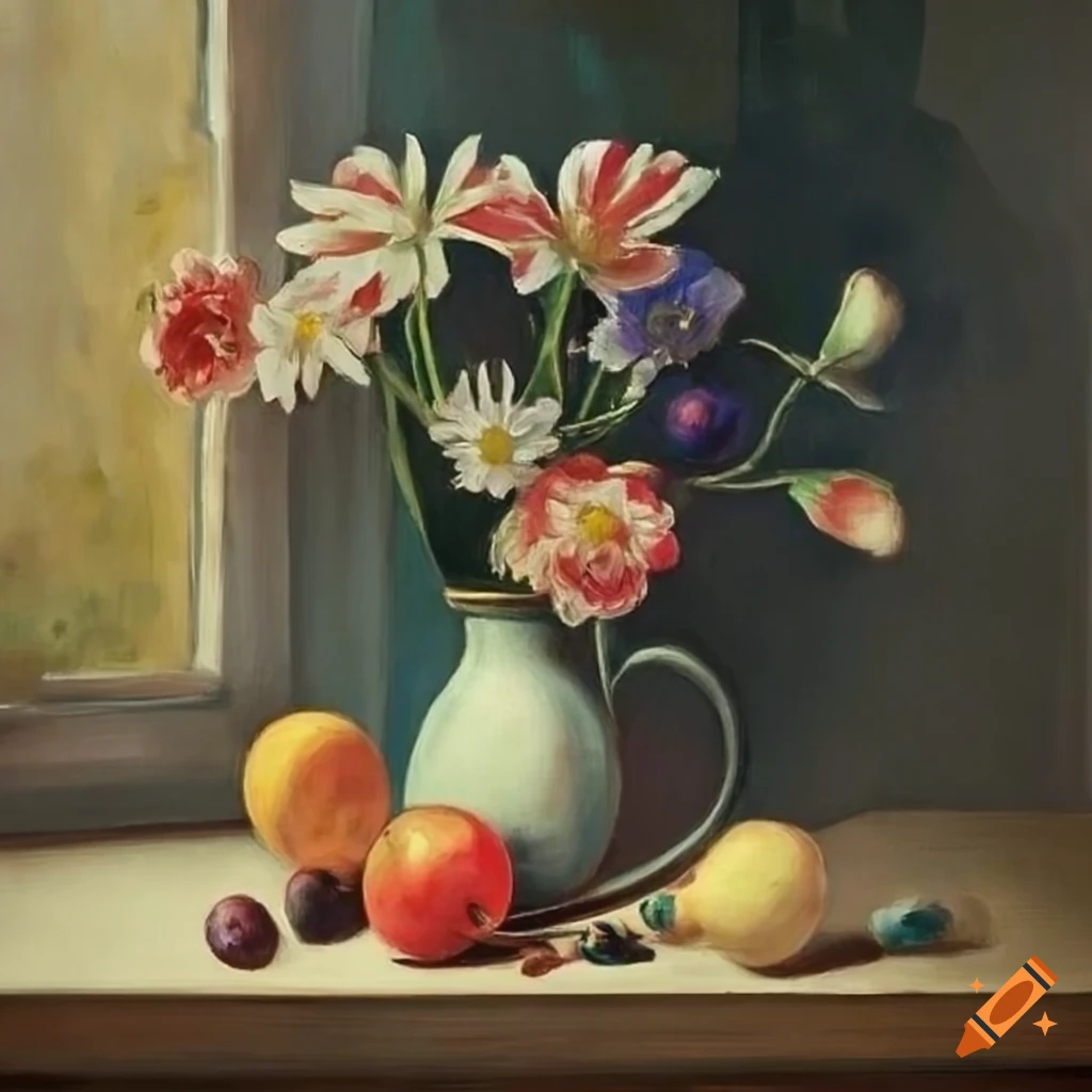 Still life painting of flowers in a vase on a window sill with fruits ...