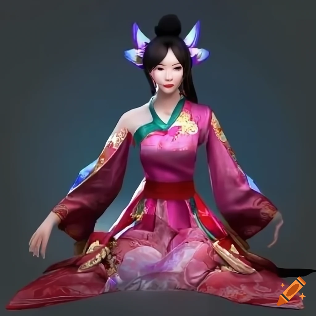 Hanabi in chinese traditional gown on a throne in a 3d donghua style on ...