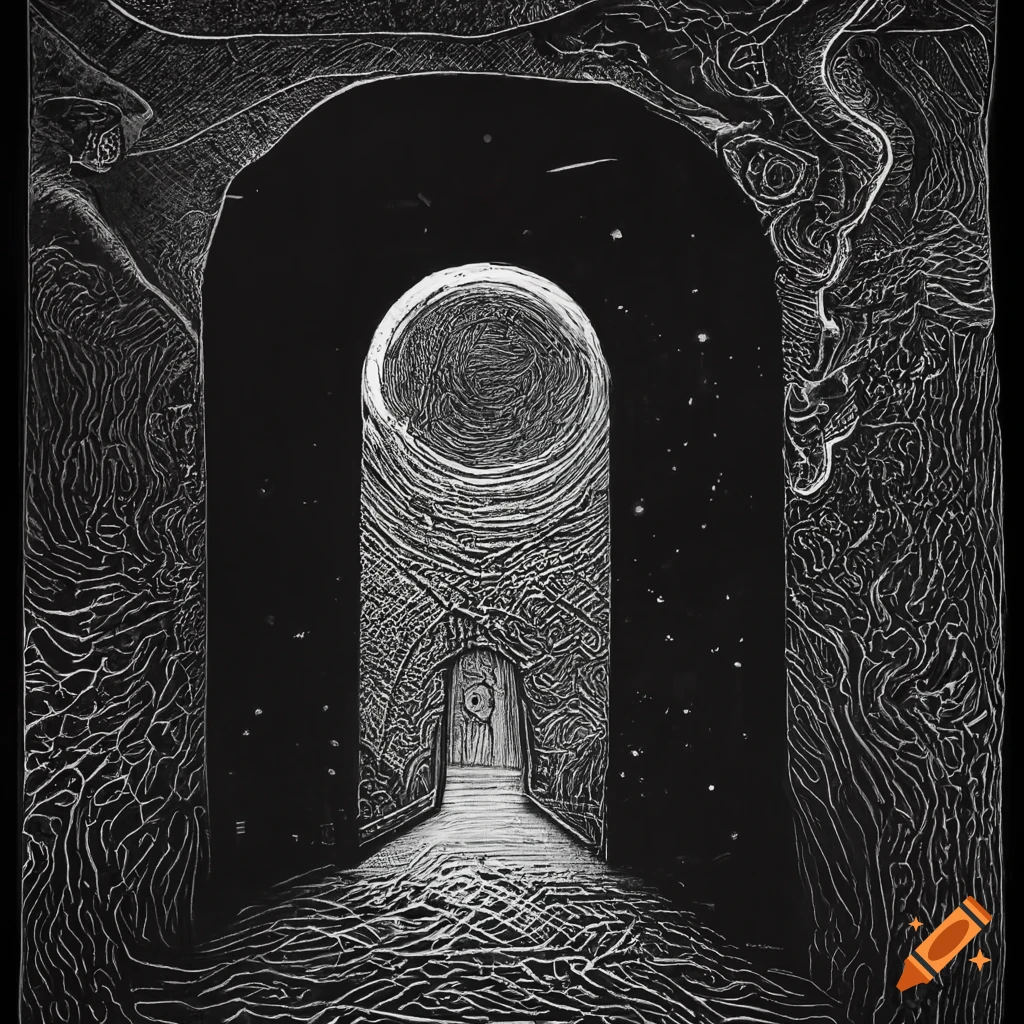 Black and white linocut of a backlit black archway in deep space like ...