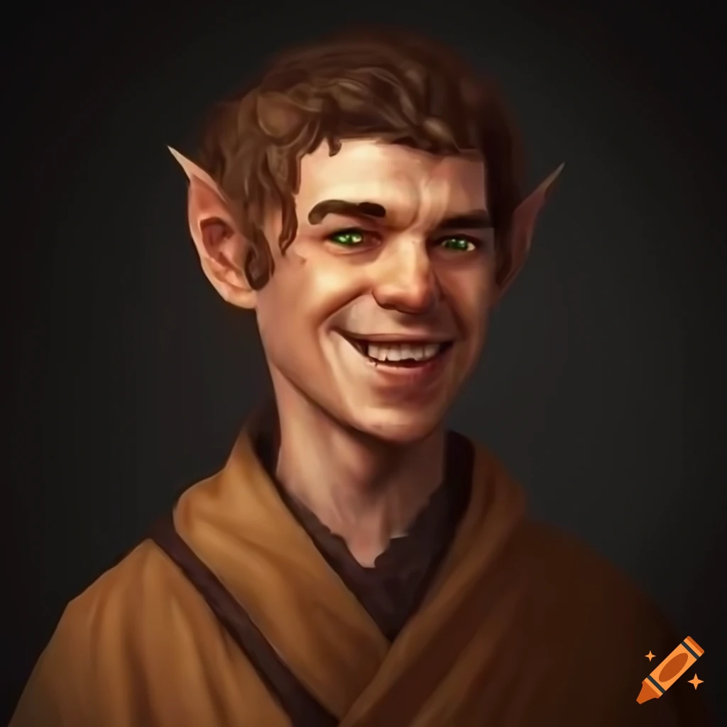 Portrait of a happy middle-aged male halfling with tanned skin and brown hair in a robe on Craiyon