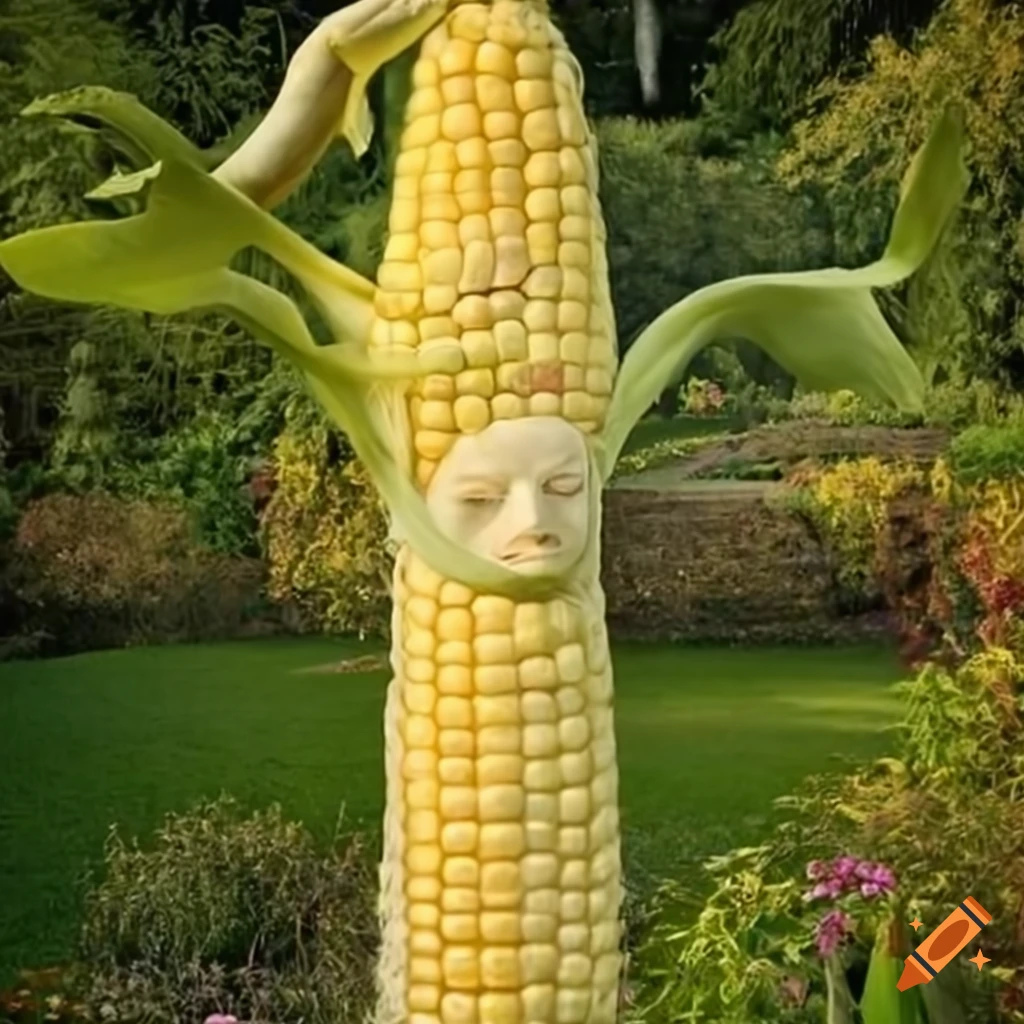 Surreal human-form corn cob in a garden on Craiyon