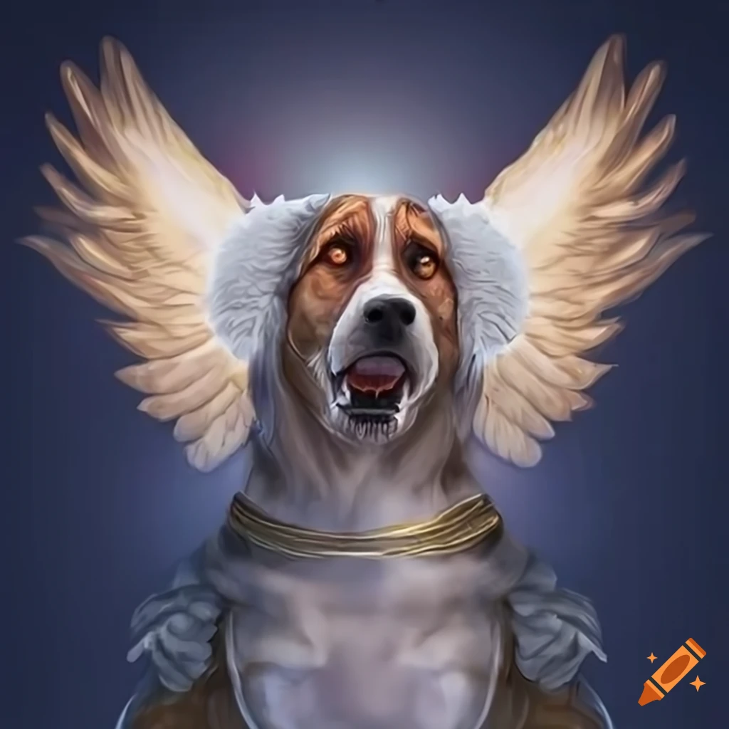 Male angel dog with wings in Celestial Palace setting on Craiyon