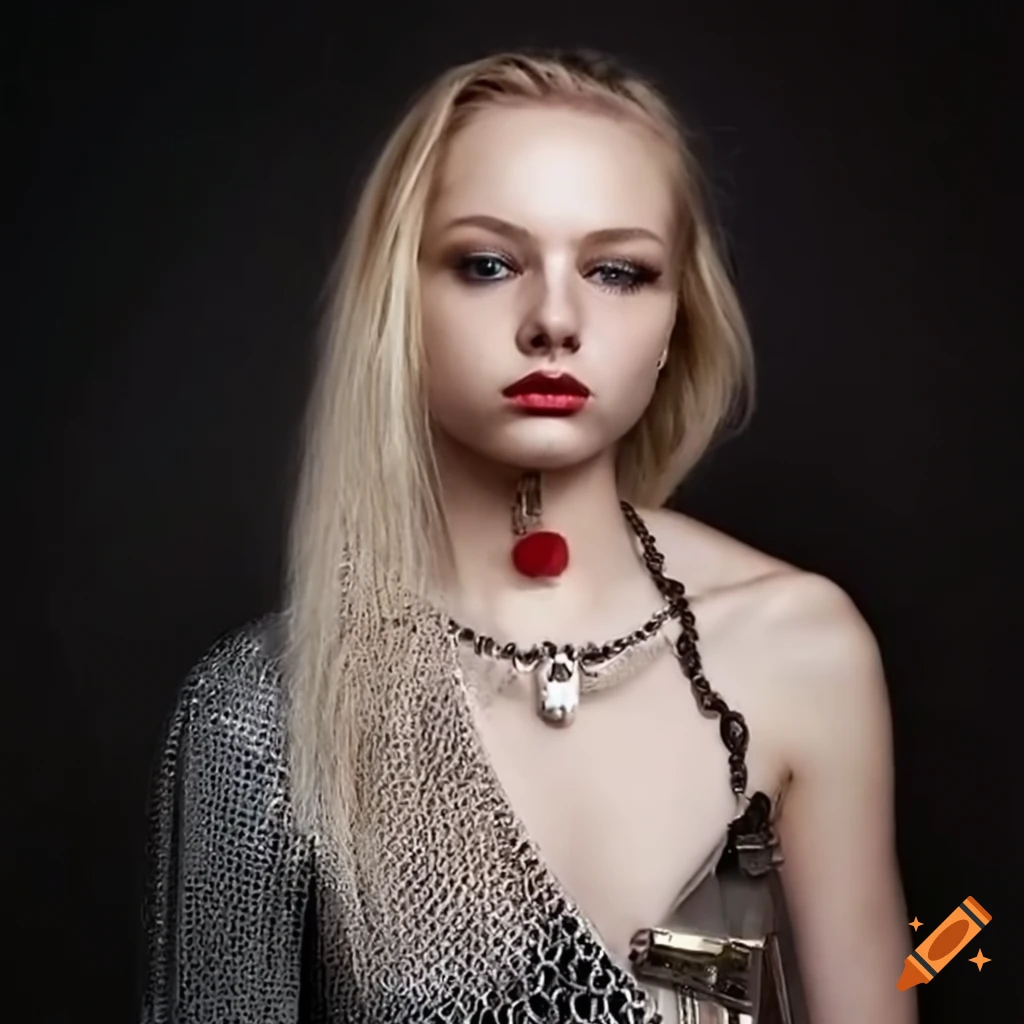 Blonde woman resembling a sloth in chain mail shirt with ruby ring and devil pendant on Craiyon