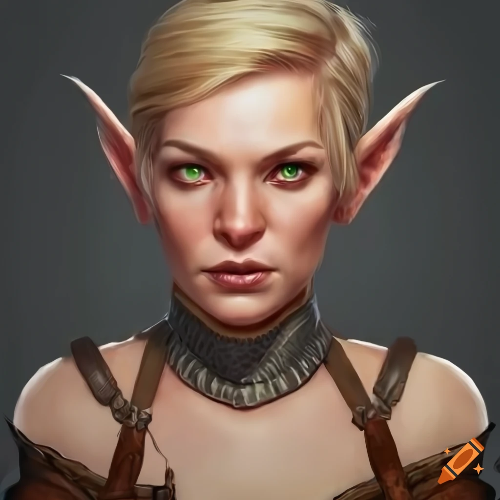Photorealistic portrait of a female elf with blond hair in leather ...