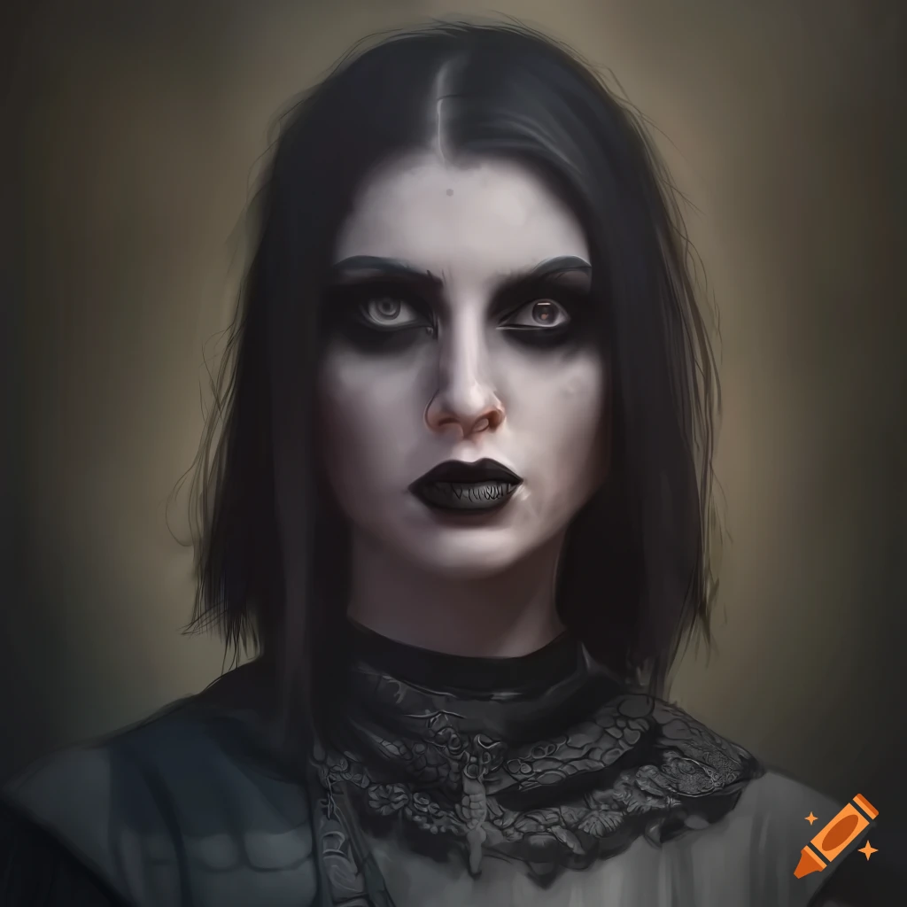 Portrait of a mysterious woman with dark hair and black makeup in a ...