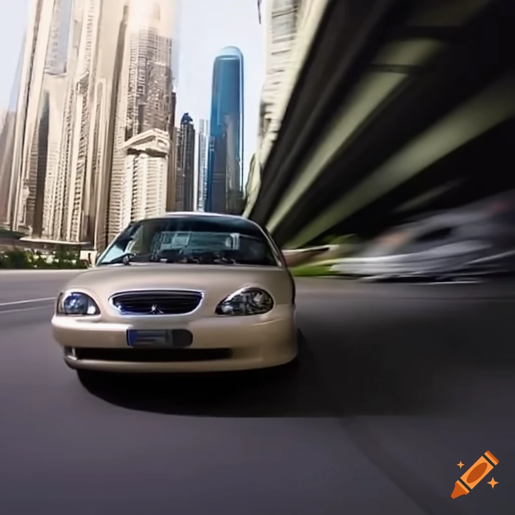 Daewoo leganza on a fast-moving highway in a modern city on Craiyon