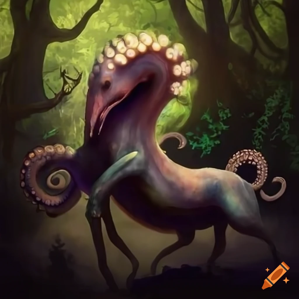 Horse with octopus tentacles galloping through a mystical forest on Craiyon
