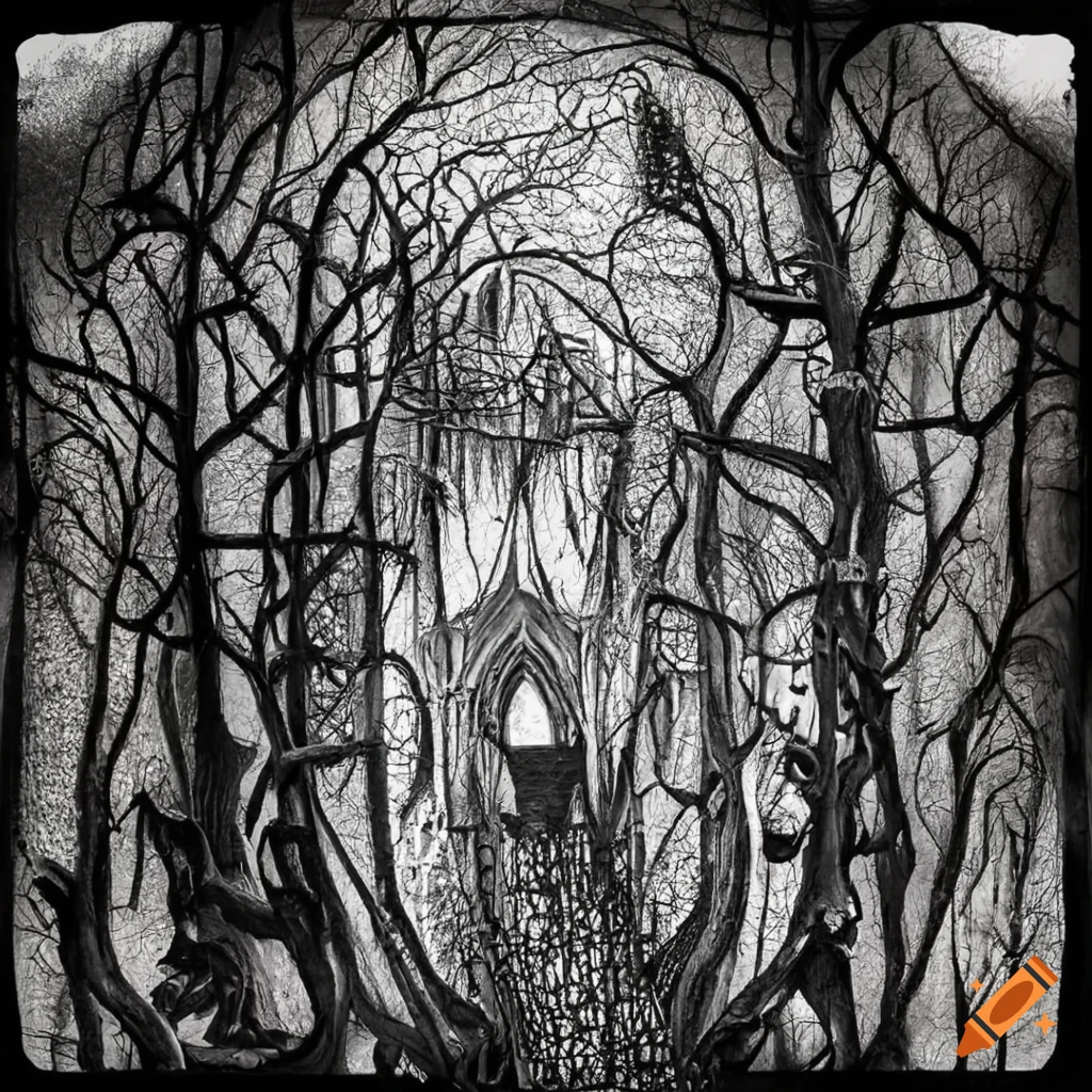 Tim burton-esque forest with gothic creatures among decaying trees in ...