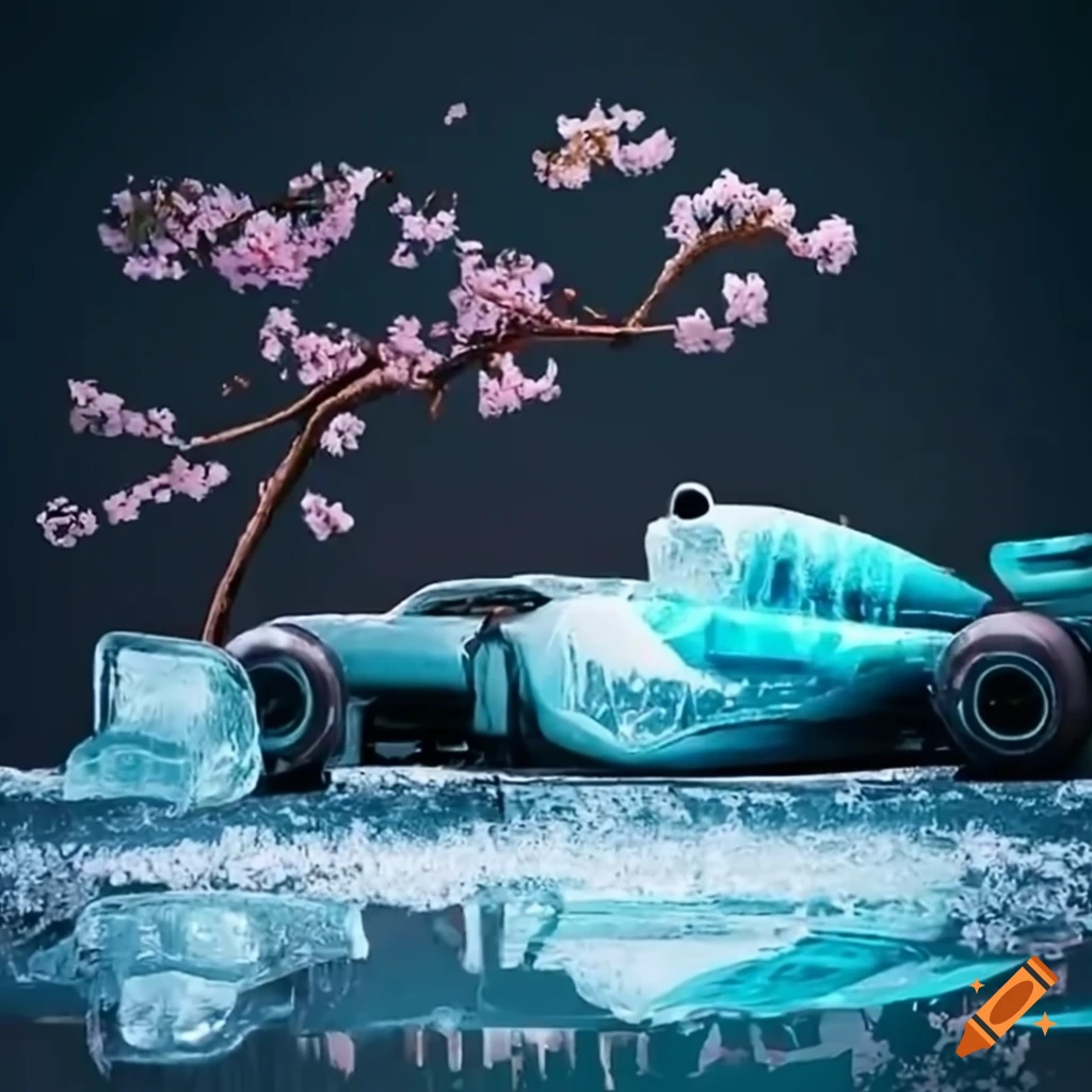 Formula 1 car frozen in an ice cube next to a sakura tree on Craiyon