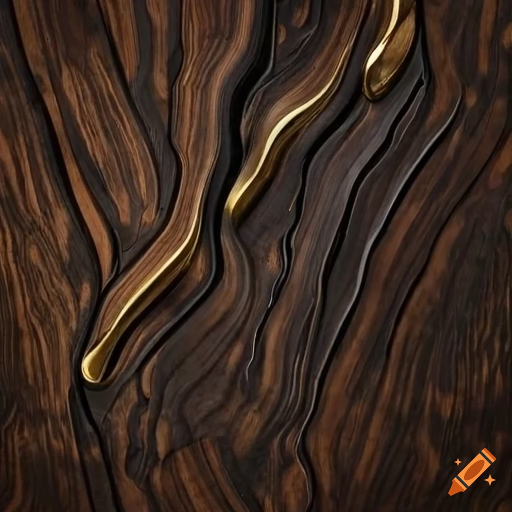 Detailed wall art made from black walnut wood with brass inlays on Craiyon