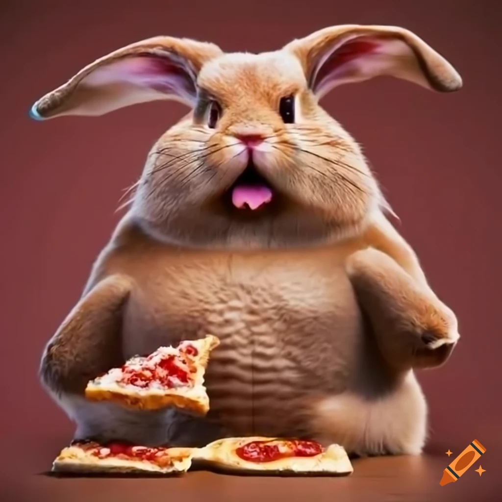 Fat rabbit enjoying a feast of chocolate, candy, and pizza on Craiyon