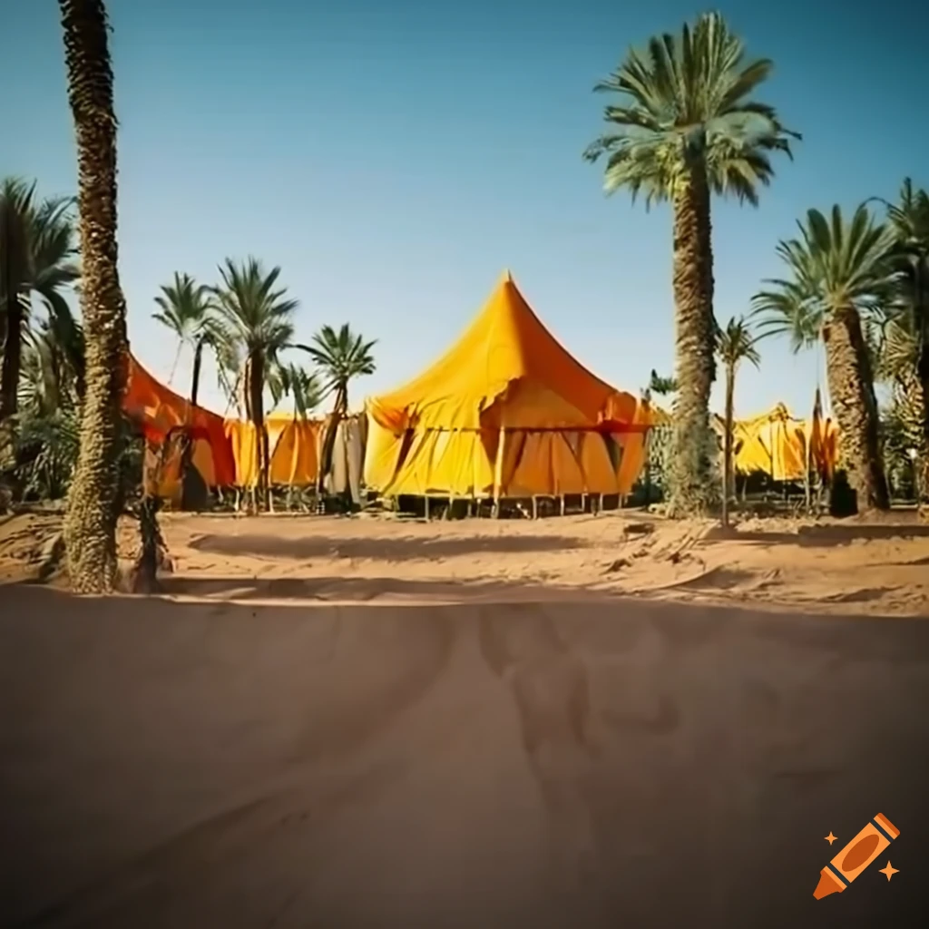Vibrant desert oasis kingdom with rich patterned tents and royal silk ...