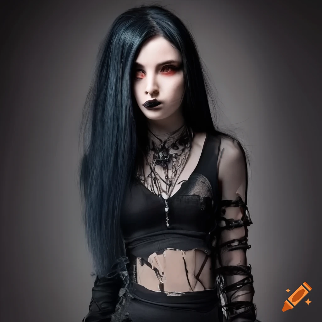 Gothic Style Woman With Hazel Eyes Black Hair In Torn Jeans And